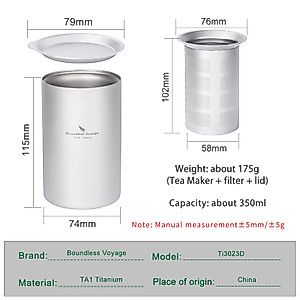 iBasingo 350ml Titanium Double Layer Tea Cup with Filter Cover Outdoor Camping Tea Mug Set for Picnic Hiking Traveling Home use A-Ti3023D