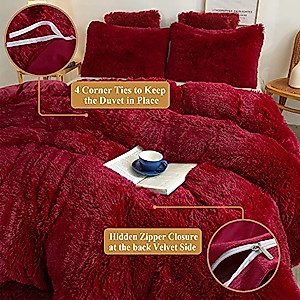 XeGe Plush Shaggy Duvet Cover Set, Luxury Soft Crystal Velvet Fluffy Furry Bedding Sets 3 Pieces(1 Faux Fur Fuzzy Comforter Cover + 2 Faux Fur Throw Pillow Shams), Zipper Closure (Queen, Red)