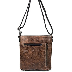 Justin West Clydesdale Tooled Leather Metal Stud Cross Conceal Carry Women Handbag Purse (Brown Messenger Only)