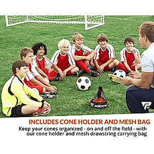 Pro Disc Cones (Set of 50) - Agility Soccer Cones with Carry Bag and Holder for Sports Training, Football, Basketball, Coaching, Practice Equipment, Kids - Includes 15 Best Drills Book (Bright Orange)
