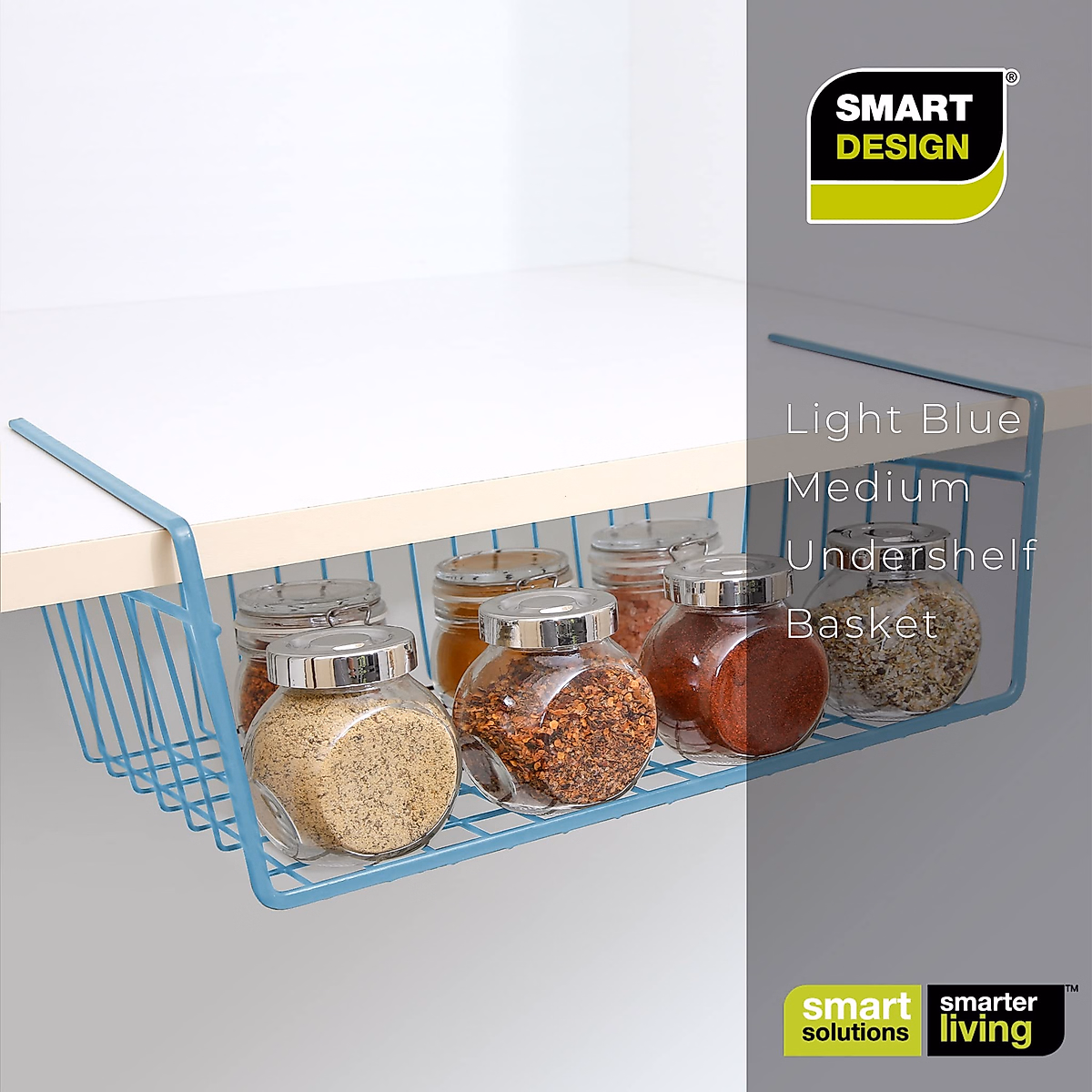 Smart Design Undershelf Storage Basket - Medium - Snug Fit Arms - Steel Metal Frame - Rust Resistant - Cabinet, Pantry, and Shelf Organization - 16 x 5.5 Inch - Light Blue