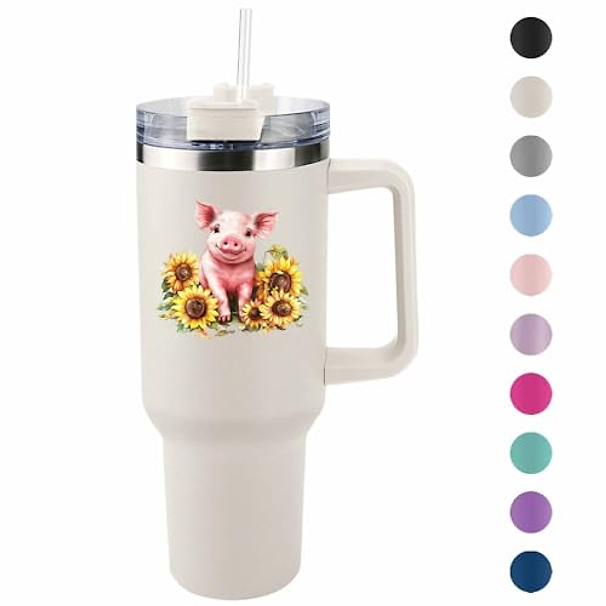 LB LEOBON 40 ounce insulated cup with handle, double-layer vacuum stainless steel material, equipped with straw, can keep warm or maintain cold drinks Pink Pig Sunflower white