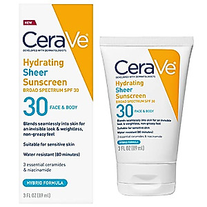 CeraVe Hydrating Sheer Sunscreen SPF 30 for Face and Body | Mineral Sunscreen & Chemical Sunscreen with Zinc Oxide, Hyaluronic Acid, Niacinamides and Ceramides| Paraben Free Fragrance Free | 3 Ounces