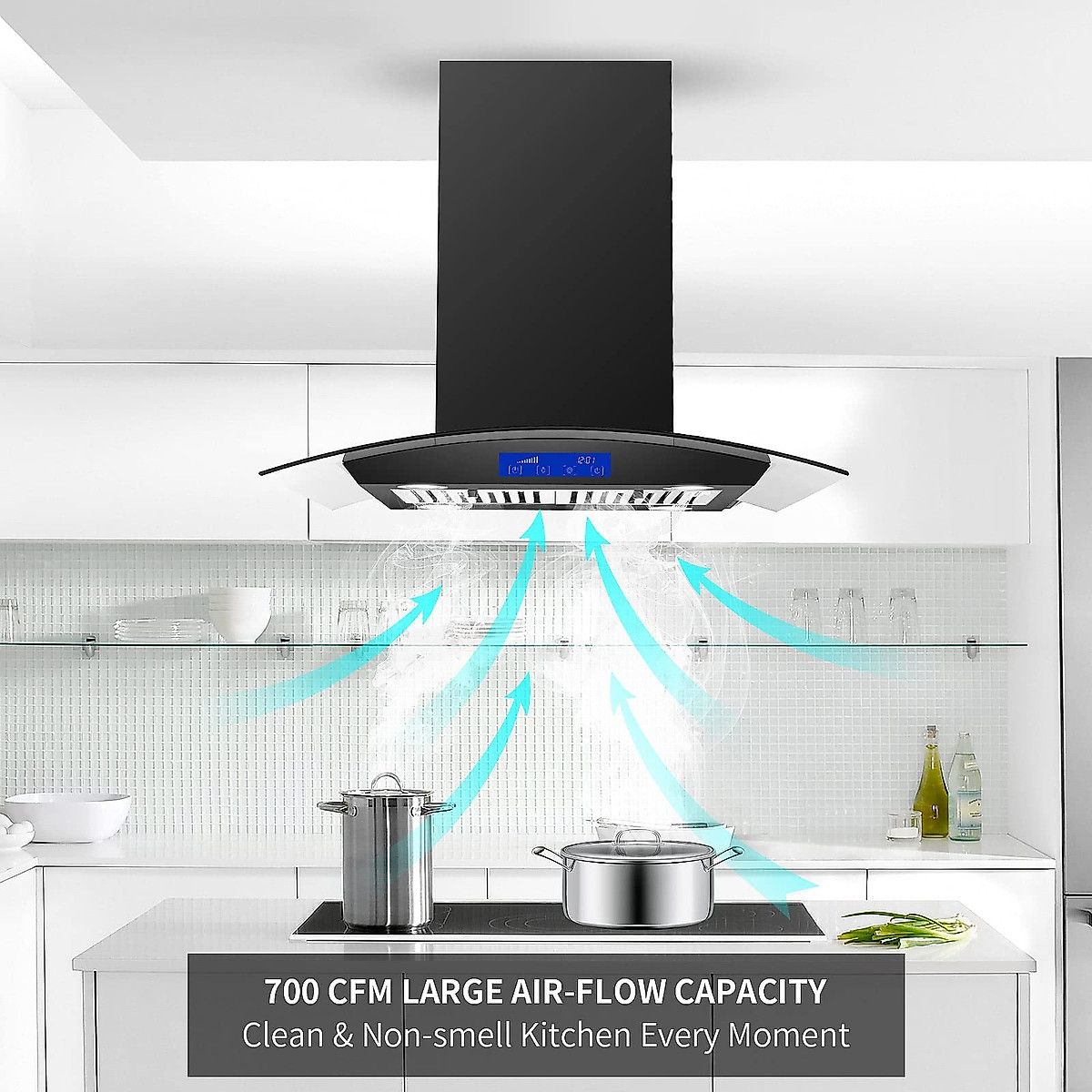 JOEAONZ 30 Inch Island Range Hood Black 700CFM Stainless Steel Convertible, Ceiling Mount Vent Hood with Tempered Glass, Kitchen Exhaust Fan, LED lights, LCD Touch Panel, Permanent Grease Filters