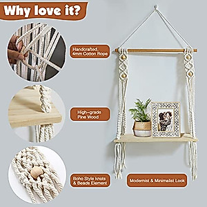 Axgo Macrame Hanging Shelves, Handmade Bohemian Woven Hanging Shelves Macrame Wall Hanging Shelf 16" x 6" Boho Wall Decor for Books Photos Collectibles Small Plants Perfumes