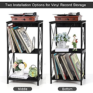 YBING Record Player Stand Record Player Table with Charging Station 3-Tier End Table with Storage Vinyl Record Storage Stand with Divider Nightstand for Living Room Bedroom Office, Black