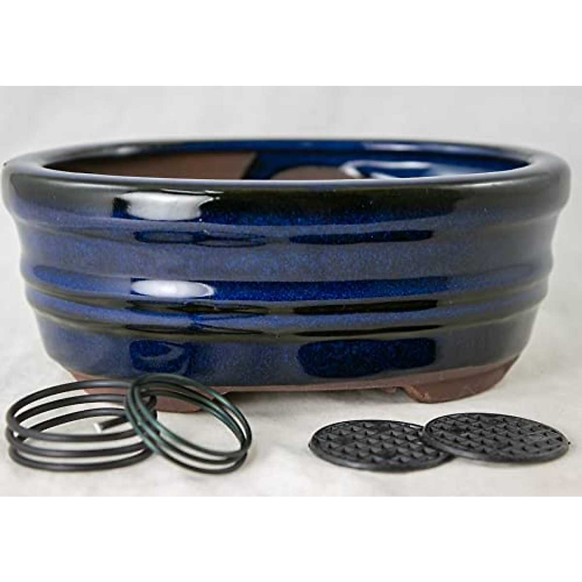 Oval Shohin Bonsai Pot, Cactus & Succulent Planter + Mesh 6"x 4.5"x 2.5" - Blue Stain Glazed