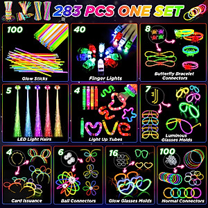 SHQDD New Year Party Favors for Adults Kids, Glow Party Favors, Neon Light Up Party Favors 27 Rave Accessories, 56 LED Light Up Toys, 100 Glow Sticks Bulk Party Pack,Glow in the Dark Party Supplies