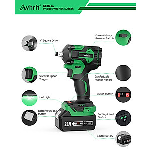 Avhrit Impact Wrench with 2Pcs Batteries, 650Nm/479ft-lbs 1/2, Cordles,s Compact , Brushless, Impact Driver Kit for Car Tires Home