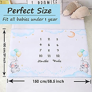 InnoBeta Baby Monthly Milestone Blanket, Flannel Plush Newborn Infant Photo Blanket, for Pictures Photography for Newborn Boys & Girls New Mom Gifts Twins Elephant (White, 39"x 59")