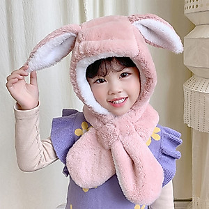 Kid Animal Hooded Scarf Girl Winter Trapper Hat with Earflap 3 in 1 Cute Bear Rabbit Beanie Children Plush Pocket Glove Set