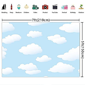7×5ft White Clouds Blue Sky Photo Backdrop Cartoon Kids Theme Party Banner Children Newborn Baby Shower Boys Girls Birthday Photography Background Natural Scenery Portrait Shooting Photo Props