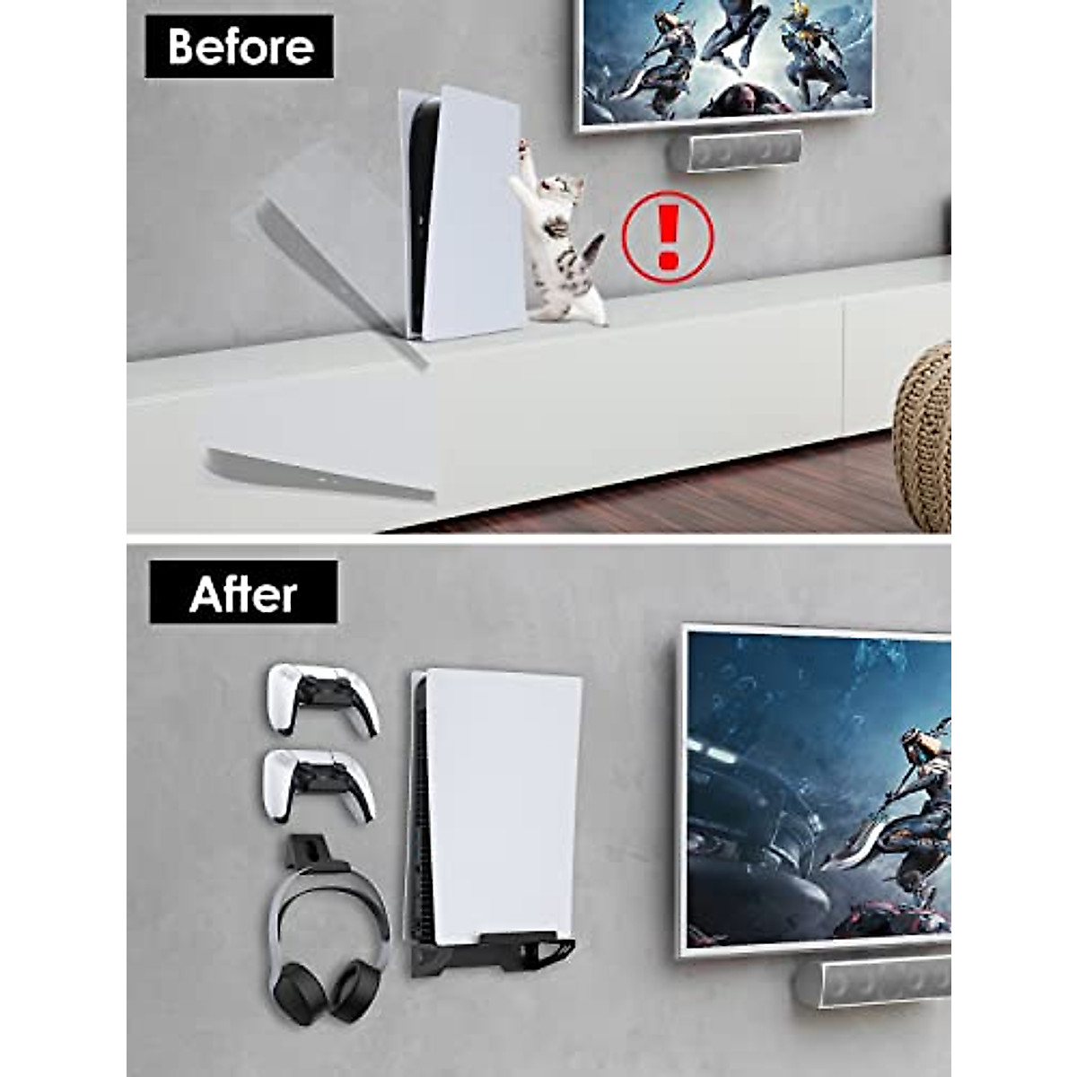 NexiGo Wall Mount Set for Playstation 5 (Disc & Digital), [Space Saving & Improved Airflow] Sturdy Steel Wall Stand Holder Mount PS5 Console Near or Behind TV w/Controller Holder & Headphone Hanger