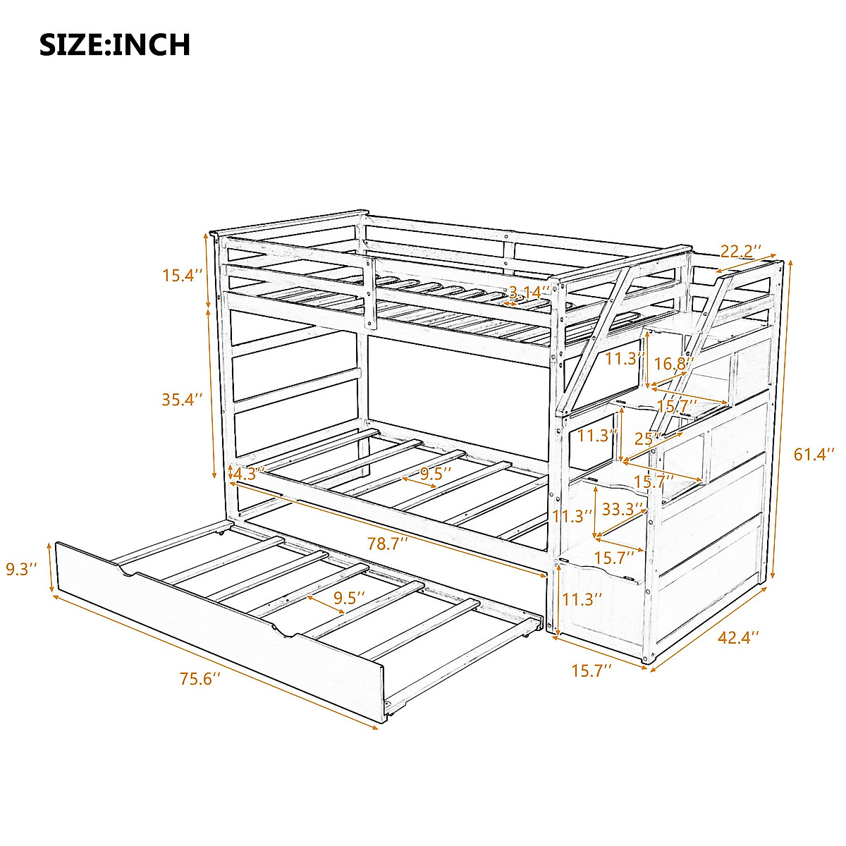 BIADNBZ Stairway Twin Over Twin Bunk Bed with Trundle and Storage Stairs, Solid Wood Bunkbed Frame for Kids Teens Adults Bedroom Dorm, Espresso