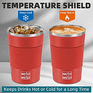 WETOWETO 12oz Reusable Coffee Cup, Coffee Travel Mug with Lid, Spill Proof Thermal Mug, Double-Walled Insulated Cup, Stainless Steel Portable Cup for Hot and Cold Drinks(Red)