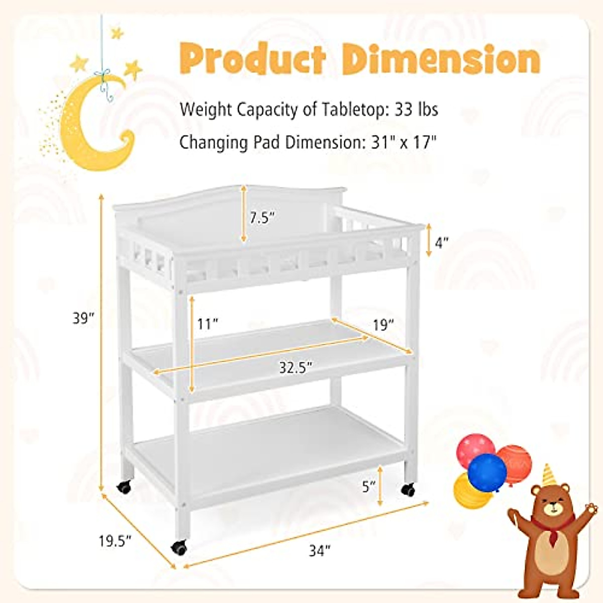 Costzon Baby Changing Table, Infant Diaper Changing Station w/Waterproof Changing Pad, Safety Strap, Storage Shelves, Mobile Nursery Organizer for Newborn, Portable Changing Table with Wheels (White)