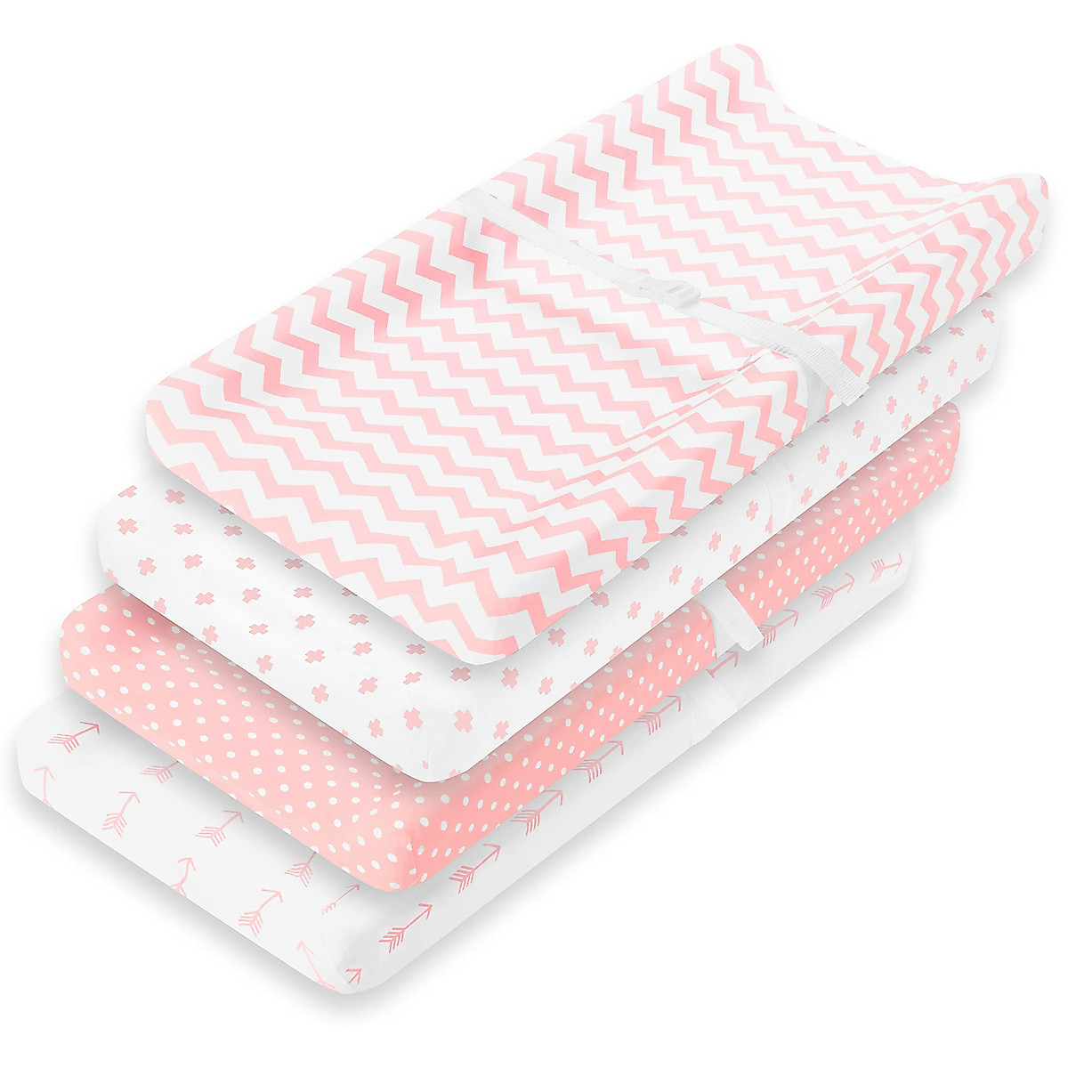 Changing Pad Cover – Baby Changing Pad Covers 4 Pack – Girls Changing Pad Cover Set – Pure Cotton Machine Washable Pink and White Changing Table Cover – Diaper Changing Pad Cover Sheets