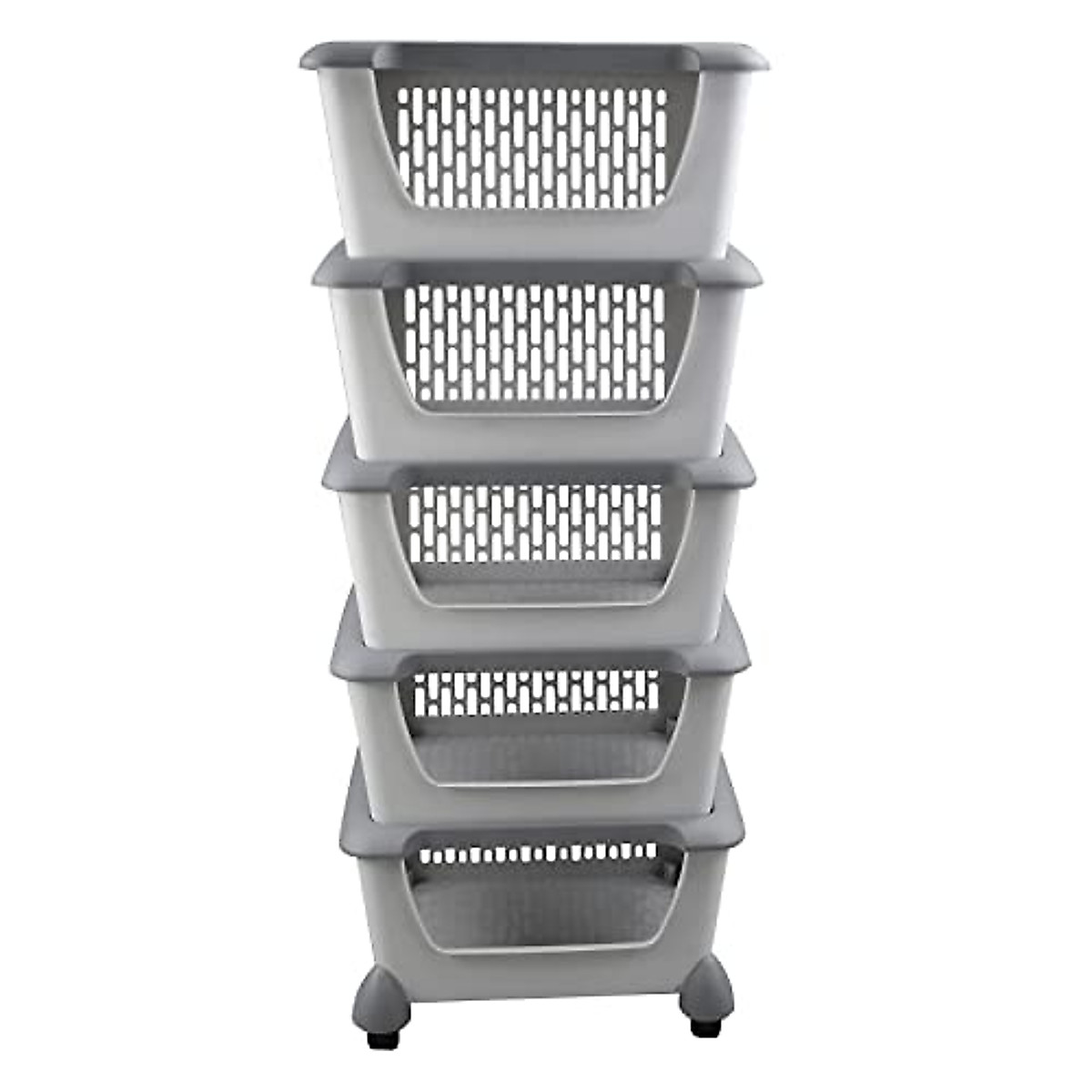 Morcte 5-Pack Plastic Stackable Storage Basket with Lids, Stacking Organizer Basket with Wheels, Gray