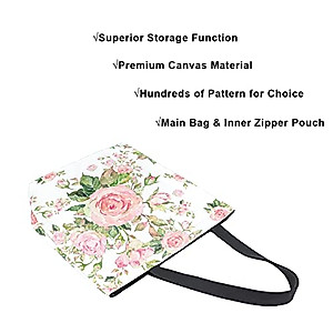 ALAZA Pink Rose Flower Large Canvas Tote Bag Floral Shopping Shoulder Handbag with Small Zippered Pocket