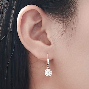 DovEggs 1ct 5mm G-H-I Color Moissanite Halo Leverback Drop Hoop Earring with Accents 14K Gold QUALITY Silver Earrings for Women