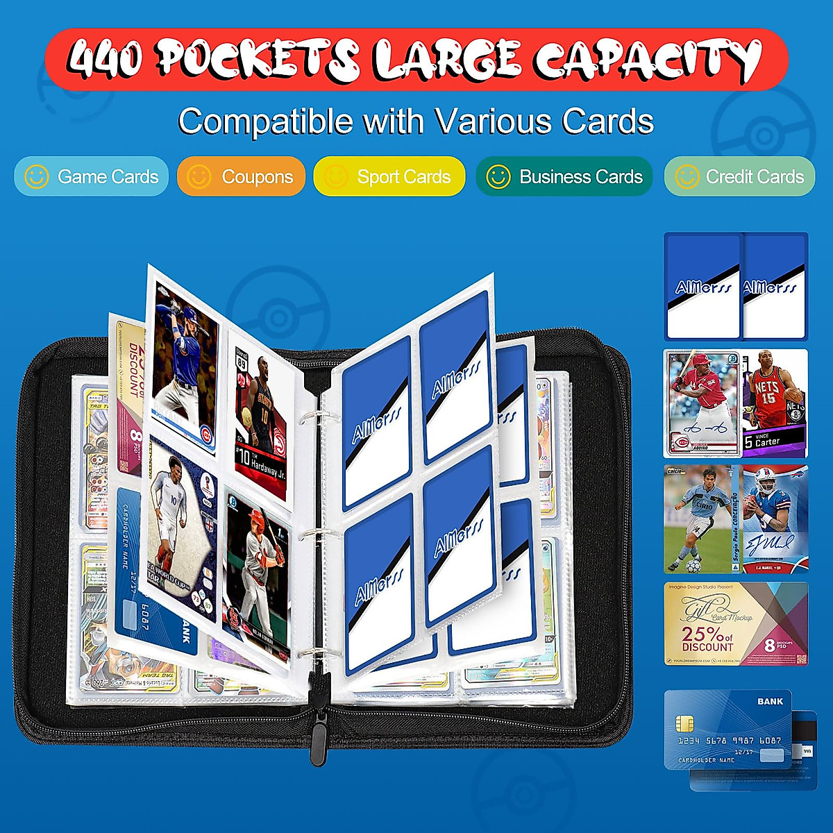 AIMerss 440 Pockets Trading Card Binder with 55 Removable Card Sleeves, 4-Pocket Card Holder Book Compatible with Baseball Binder for Cards, Card Collector Album with Zipper Carrying Case