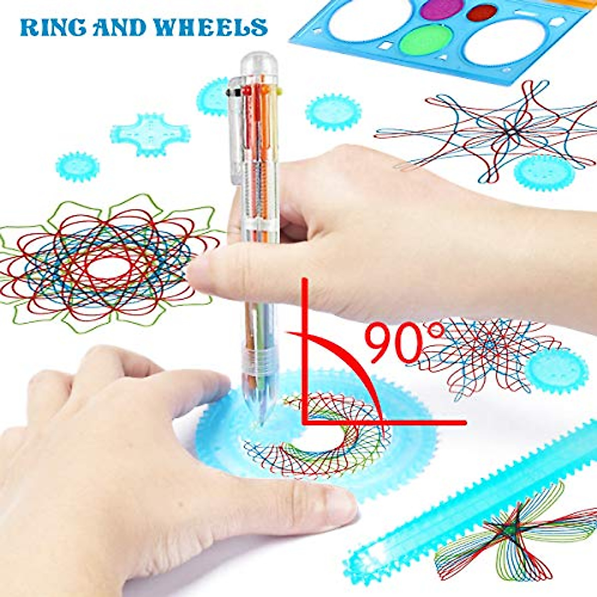 MIMIDOU Spiral Designer Freestyle Design Deluxe Kit, kids drawing aid art design stencil set include multicolored gel pen, spiral shapes and geometric templates 17 pcs.