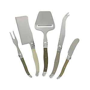 French Home 5-Piece Laguiole Cheese Knives Set with Fork and Slicer – Versatile Charcuterie Board Accessories with Three-Rivet Mist-Colored Handles & Iconic Bee Emblem