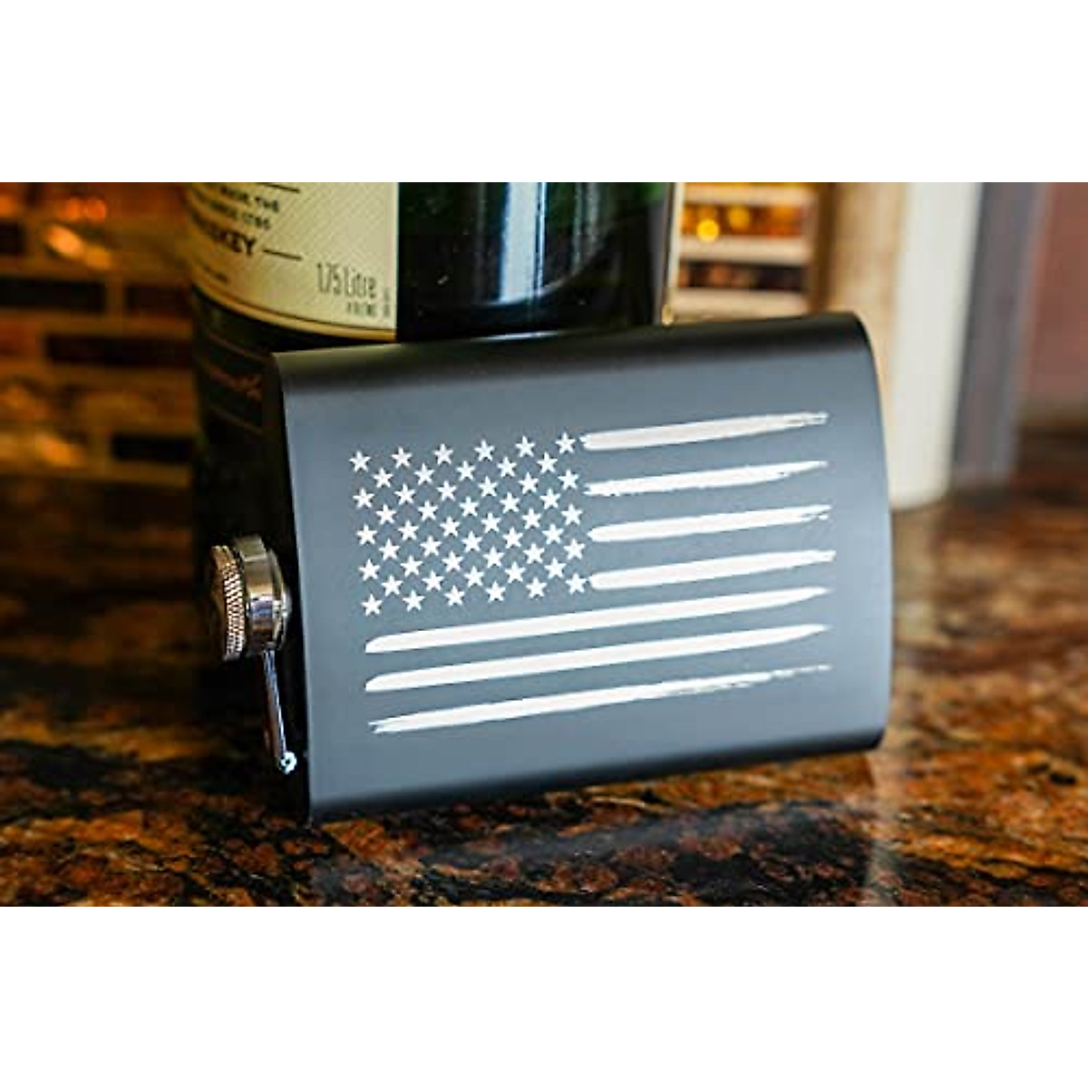 American Flag 8 oz Flask | Stainless Steel Hip Flask for Liquor – Matte Black, Great Gift Idea for Veterans