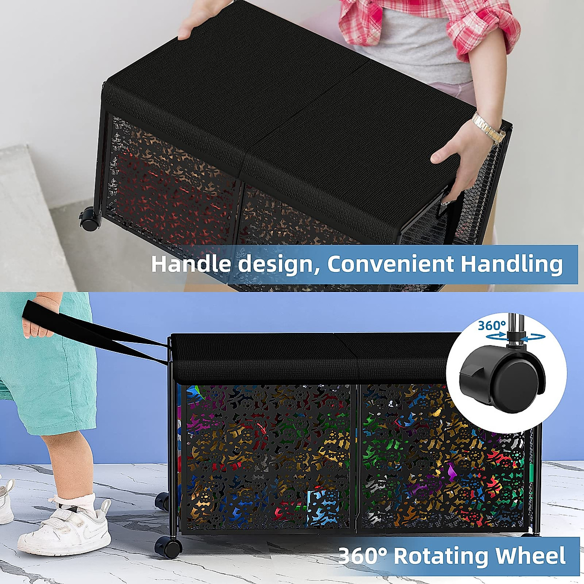 IDMOP Large Metal Toy Box Storage,Toy Box Chest with Lid,Collapsible Sturdy Toy Storage Bins With Wheels,Toy Storage Baskets with Handles for Nursery Playroom (2 Pack, Black)