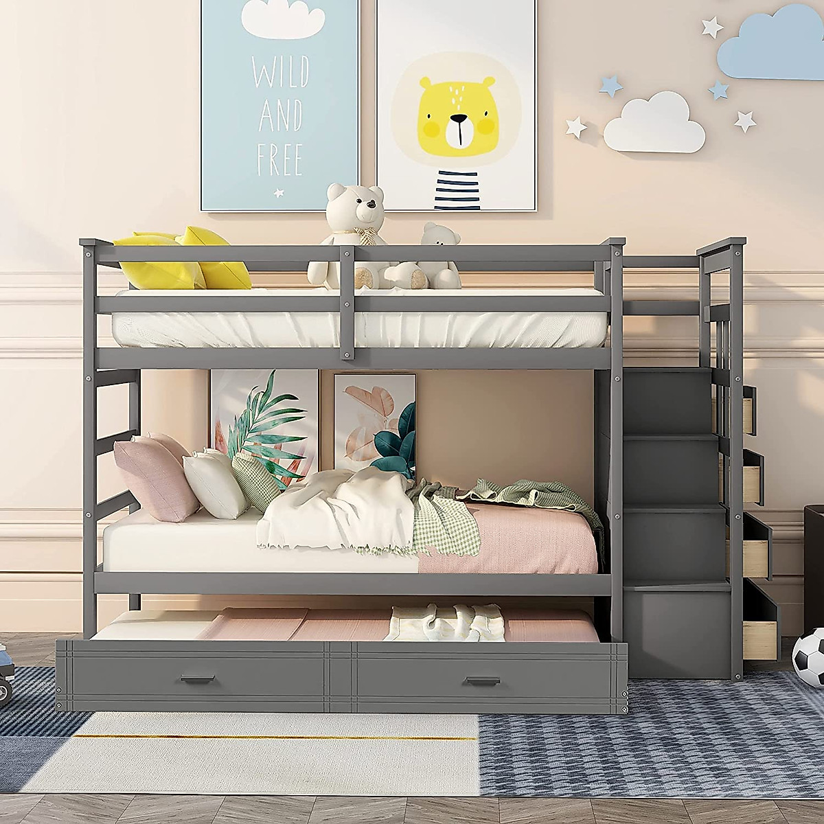 Twin Over Twin Bunk Bed with Twin Size Trundle, Solid Wood Bunk Beds with 4 Storage Drawers, Staircase and Safety Guard Rail, No Box Spring Needed (Gray)