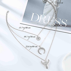 TWINKLEDE Boho Layered Necklace Silver Moon Pendant Necklaces Chain Evil Eye Bull Head Necklace Jewelry for Women (Silver Moon Evil Eye)