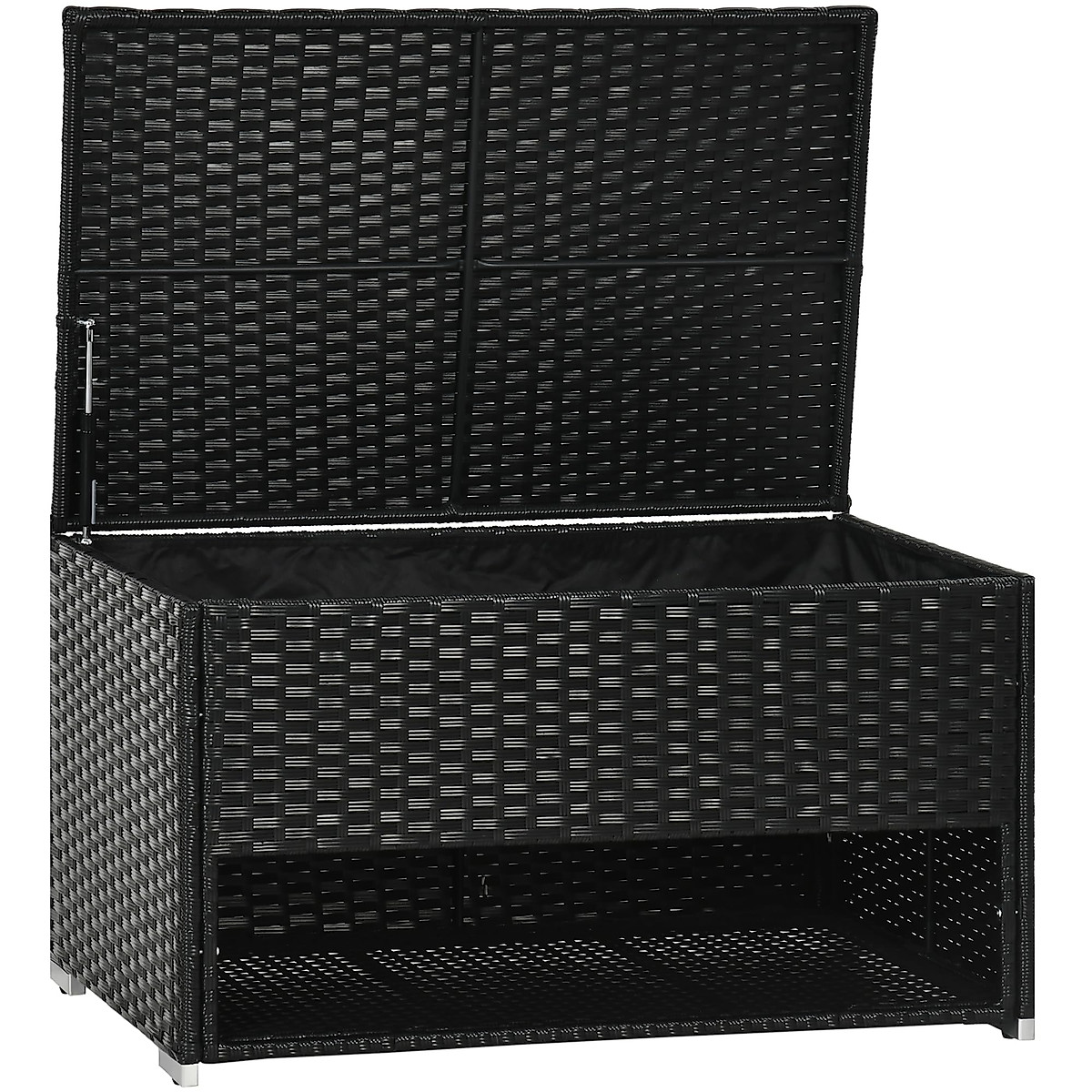 Outsunny Outdoor Deck Box and Shoe Storage, PE Rattan Wicker Towel Rack with Liner for Indoor, Outdoor, Patio Furniture Cushions, Pool, Toys, Garden Tools, Black
