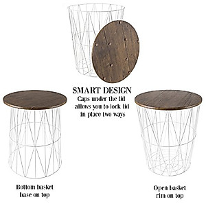 Lavish Home End Storage – Nesting Wire Basket Base and Wood Tops – Industrial Farmhouse Style Side Table Set of 2, White