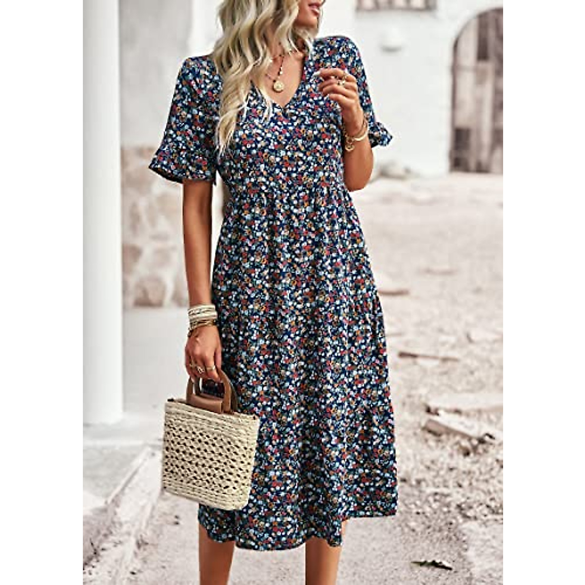 Vaiaye Women Short Sleeve Floral Boho Dress Summer Sundress Casual Wrap V Neck A-Line Bohemian Maxi Dresses Royal Blue