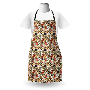 Lunarable Vintage Apron, Retro 60s 70s Radios Sets Music Bass Notes Antique Cartoon Image, Unisex Kitchen Bib Apron with Adjustable Neck for Cooking Baking Gardening, Cream Taupe Tan Dark Orange
