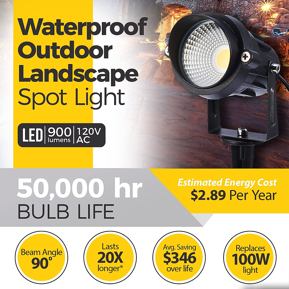 LCARED Outdoor Landscape Lighting 10W,120V AC,Warm White Waterproof LED Landscape Lights for Yard,Patio,Lawn, Wall, Flood,Driveway,Tree Lighting,Metal Ground Stake (2 Packs)