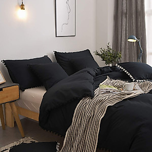 Softta 20x36 Boho Pillow Covers 2 pcs Pompom Pillow Shams Tassel Ruffle Pillowcases Black 100% Cotton Cover King/Cal King (NO Comforter NO Filling)