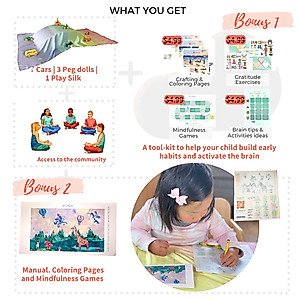 Avery & Ruth Waldorf Toys Rainbow Car Set - 70” x 35” Silk Scarf for kids to play- 7 Handmade Wooden Car - 3 Peg Dolls - Montessori Rainbow Toy - 100% Silk