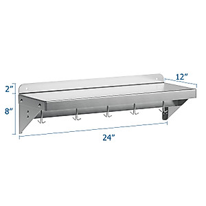 RIEDHOFF Metal Multifunctional Storage Rack with Backplash for Kitchen, [NSF Certified] 12" x 24" Stainless Steel Wall Mount Shelf with 5 Hooks for Hanging Pots, Pans,cookware in Home and Restaurant