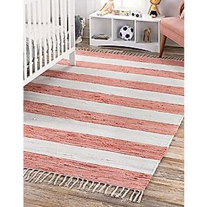 Unique Loom Chindi Rag Collection Area Rug - Striped (4' 1" x 6' 1" Rectangle, Coral and Ivory)