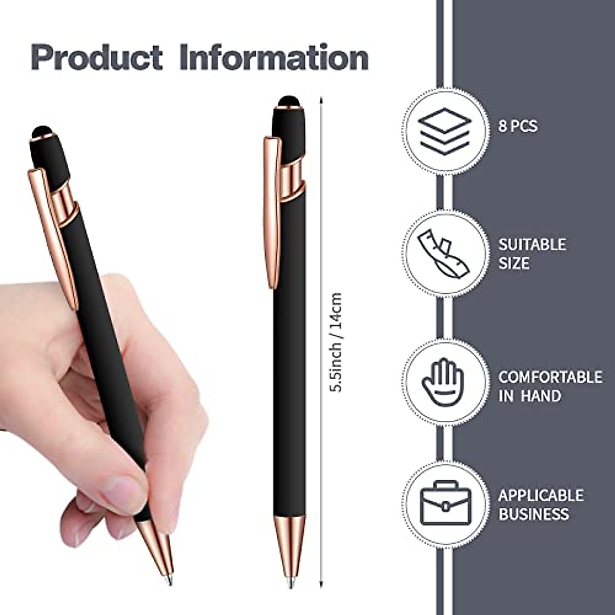 8 Pieces Ballpoint Pen with Stylus Tip Black Ink 2 in 1 Stylus Metal 1.0 mm Medium Point Smooth Pen Rainbow Colorful Rubberized Ballpoint Pen for Touch Screen Tablet (Rose Gold, Black)