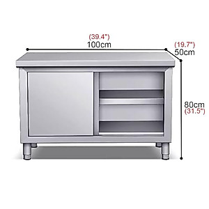 Double Pass Four Sliding Door Workbench Commercial Stainless Steel Preparation Table Not Easy to Rust Large Space Storage Cabinet Kitchen Chopping Table Stable and Not Shaking