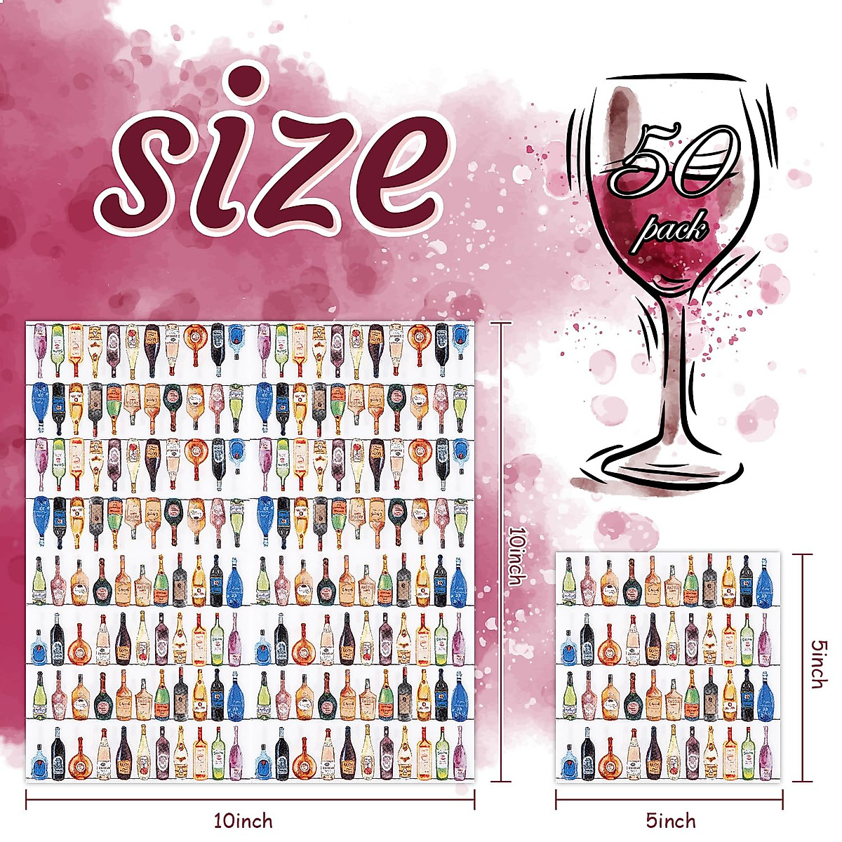 Quera 50 Pack Wine Shelves Cocktail Napkins Disposable Paper Party Napkin Pack champagne Bottle Hand Napkin Wedding Anniversary Holiday Tea Room Party Bridal Shower Decorative Towels,5" x 5"