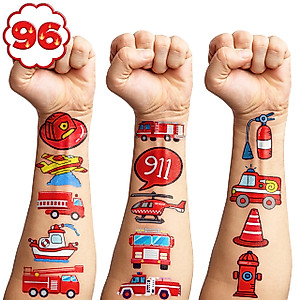 (96 PCS) Firefighter Fire Truck Fireman Temporary Tattoos Themed Birthday Party Decorations Favors Supplies Cute Tattoo Stickers For Children Boys Girls Games School Gifts Rewards Home Activity