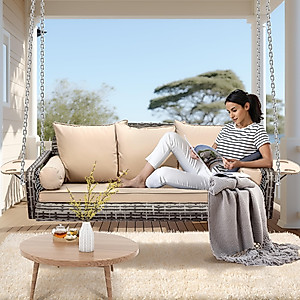 Decomax Wicker Hanging Porch Swing Chair 3-Seats Outdoor Gray Rattan Patio Swing Lounge with Cushions Cupholders Capacity 660lbs for Garden, Balcony, Living Room (Porch Swing with Armrest Pillows)