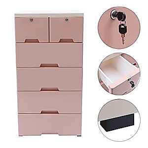 Futchoy Plastic Storage Cabinet 6 Drawer Units Vertical Clothes Storage Tower Dresser Small Closet Organizer Shelf Lockable for Clothes,Toys,Bedroom,Playroom (Pink)