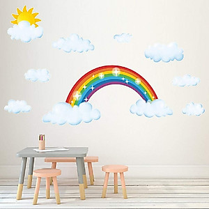Large Sparkling Rainbow Wall Decal 21.6 x43.7inch, Rainbow Cloud Sun Wall Sticker, Peel and Stick Removable Rainbow with Sun Clouds Wall Stickers Wall Mural for Kids Nursery Bedroom