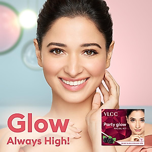 VLCC Party Glow Facial Kit - Single Use | Salon Like Facial at Home in Just 6-Steps | Includes Cleanser, Scrub, Cream, Face Pack & Moisturizing Gels | 2.12 Oz/60g