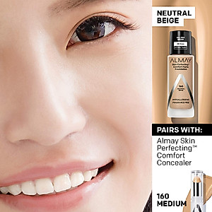 Almay Skin Perfecting Comfort Matte Foundation, Hypoallergenic, Cruelty Free, -Fragrance Free, Dermatologist Tested Liquid Makeup, Neutral Beige, 1 Fluid Ounce