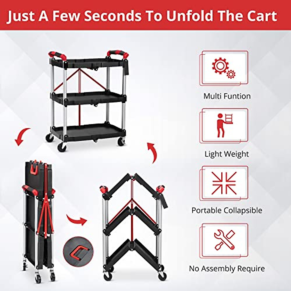 Collapsible Service Cart,3-Tier Portable Cart/Detailing Cart/Utility Carts with 2 Lockable Wheels Use for Home/Commercial/Office/Warehouse,Black, 56 Lb. Load Capacity Per Shelf